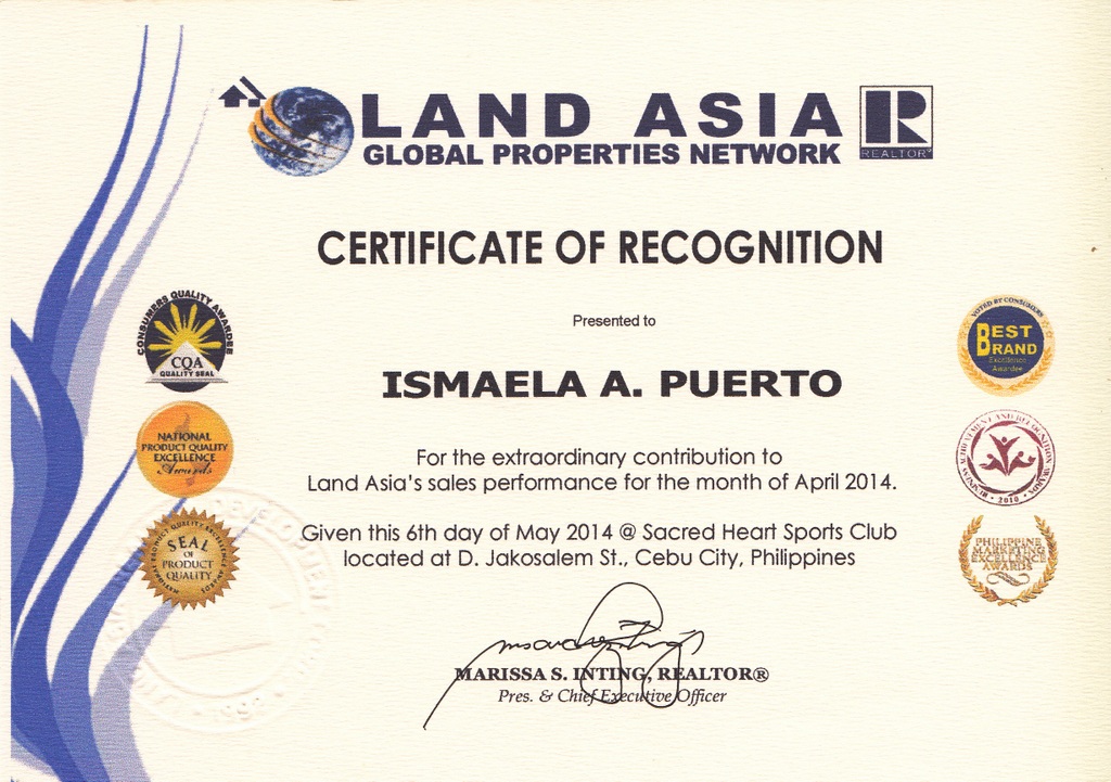 Certificate of Recognition - April Sales Performance